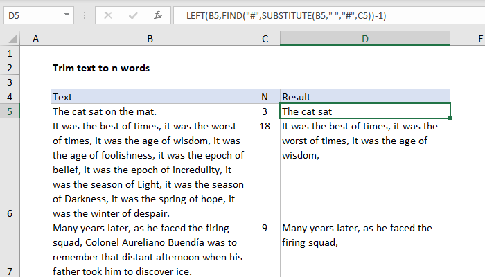 Excel Formula Trim Text To N Words Exceljet